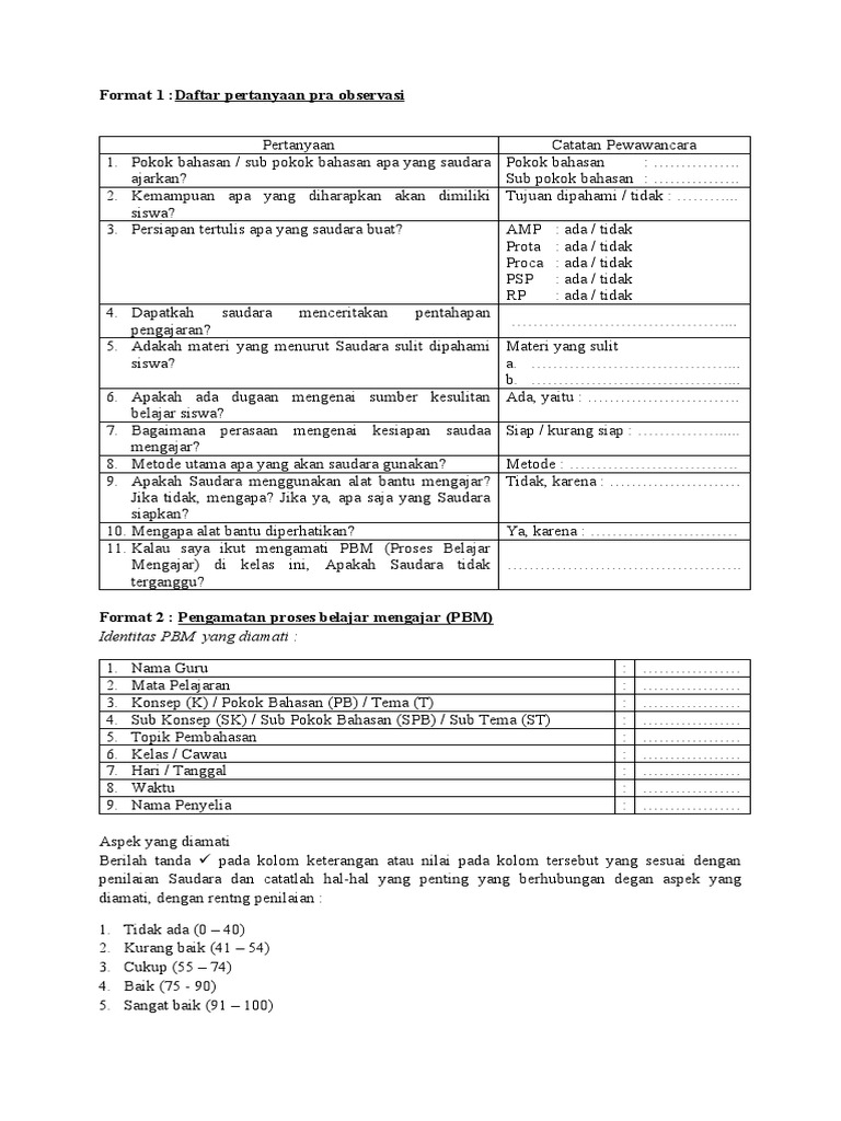 Daftar Pertanyaan Pra Observasi | PDF | Karier & Perkembangan