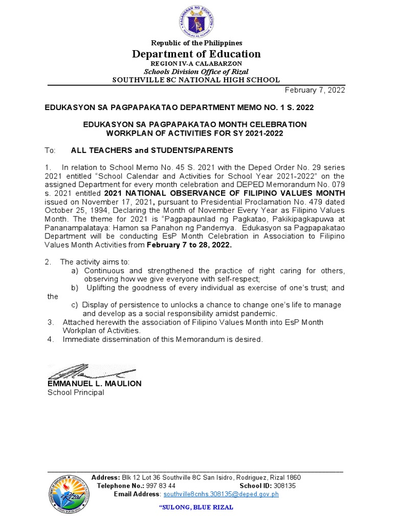 EsP Month Celebration Workplan 2022 | PDF