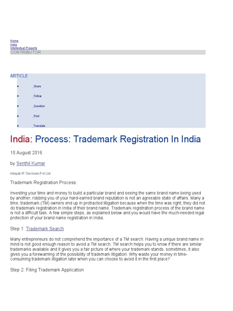 Process: Trademark Registration in India | PDF | Trademark | Legal Remedy