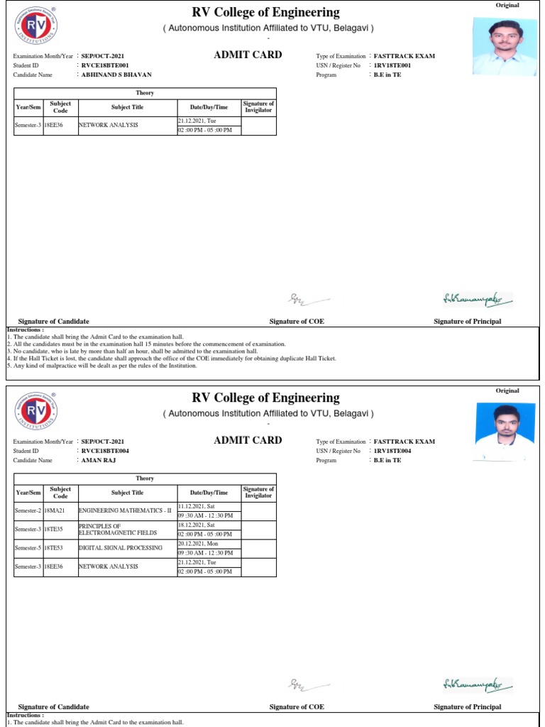 RV College of Engineering Fast Track Examination Admit Cards for Various Students in B.E ...