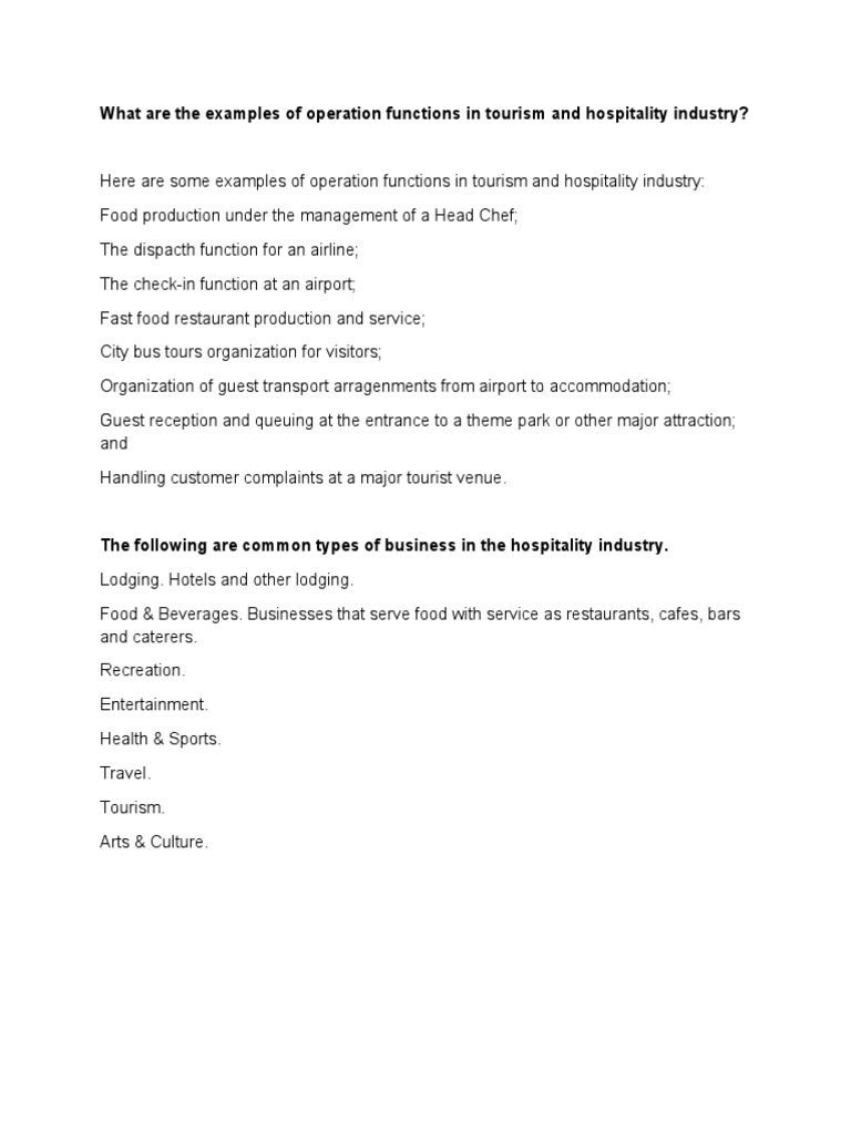 Operational Functions in Tourism & Hospitality | PDF