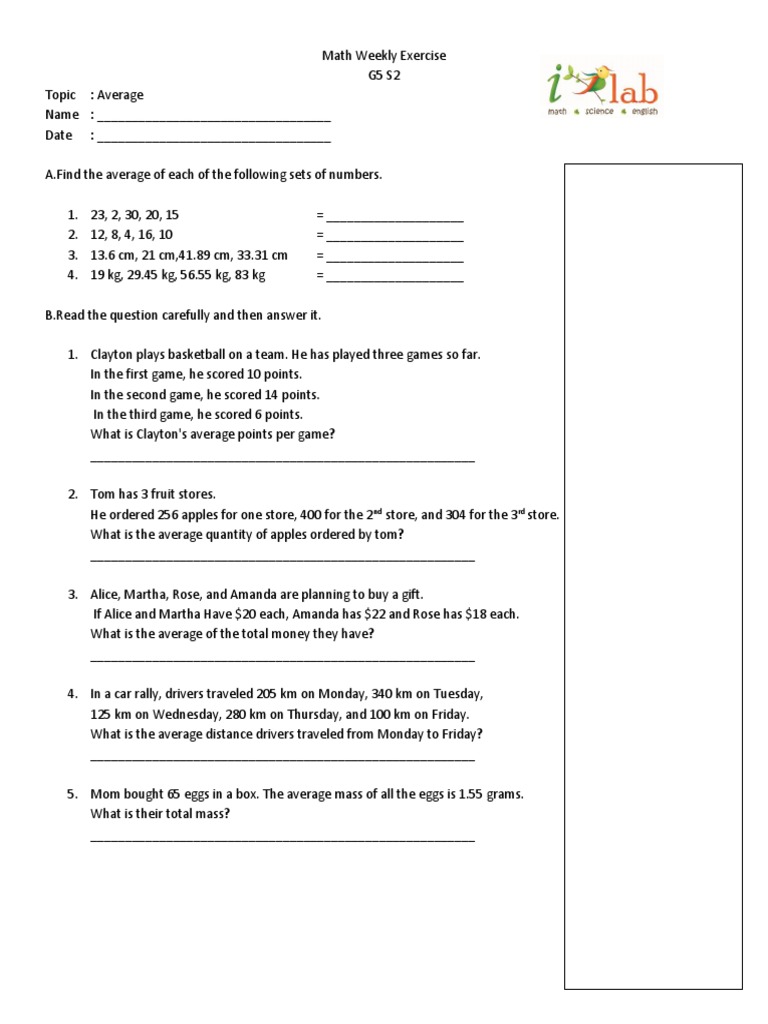 Math Weekly Exercise G5 S2 Average | PDF