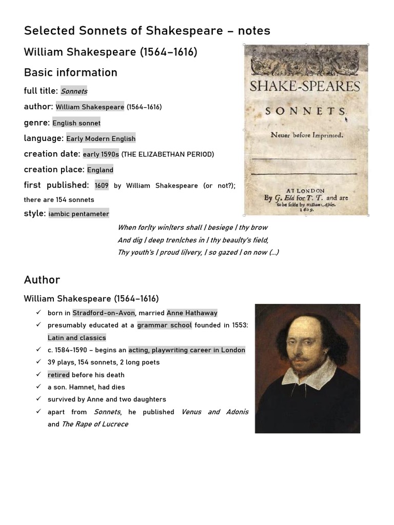 Shakespeare's Sonnets: Analysis & Themes | PDF | Shakespeare's Sonnets ...