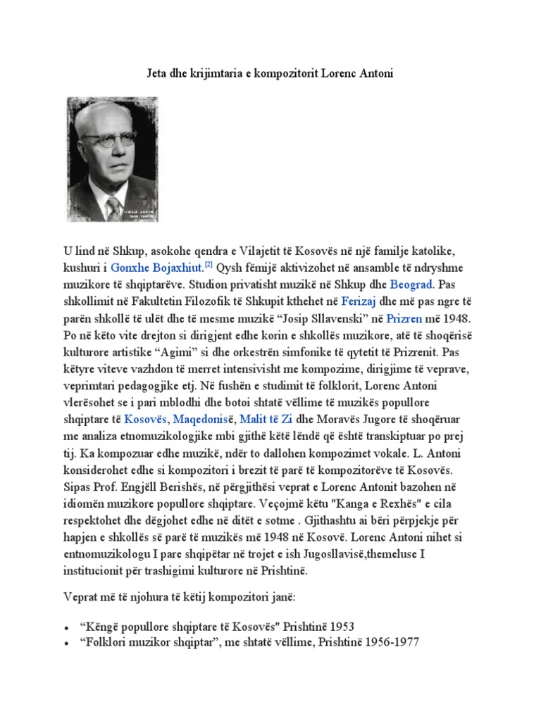 Jeta Dhe Krijimtaria e Kompozitorit Lorenc Antoni | PDF