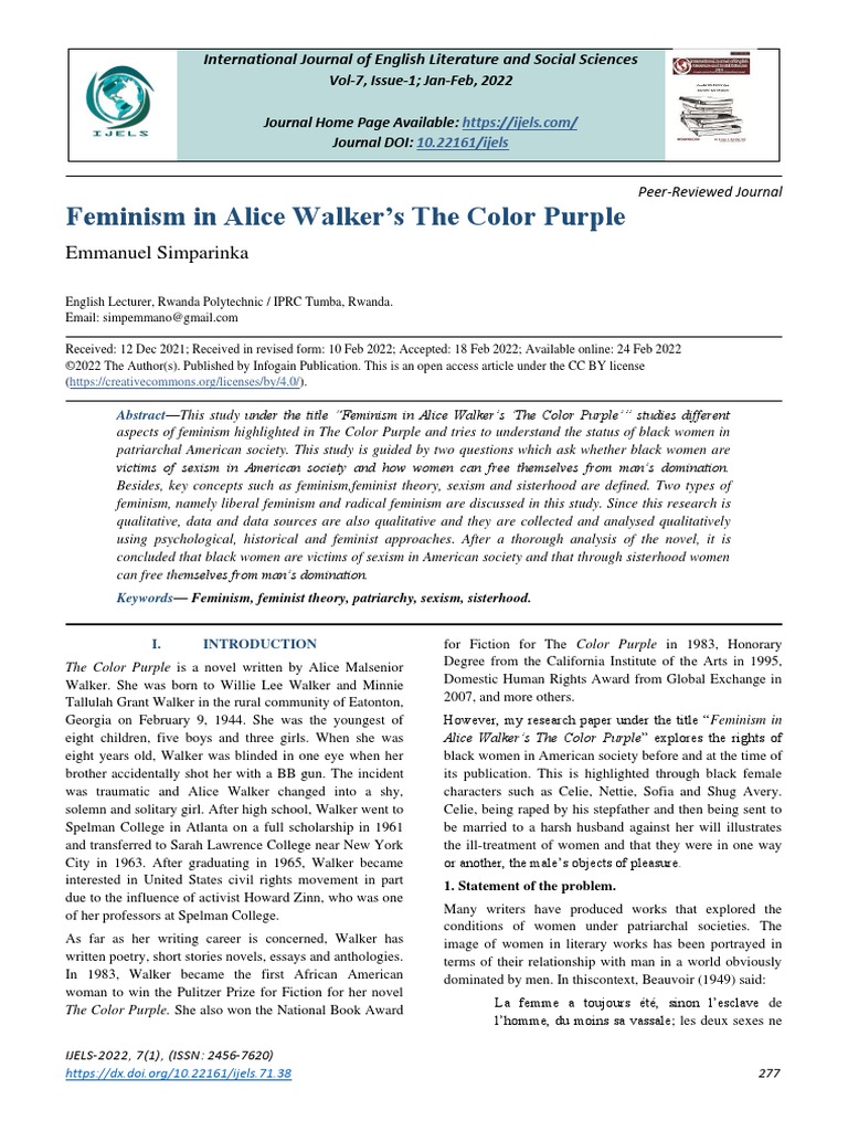 Feminism in Alice Walker's The Color Purple | PDF | Social Science