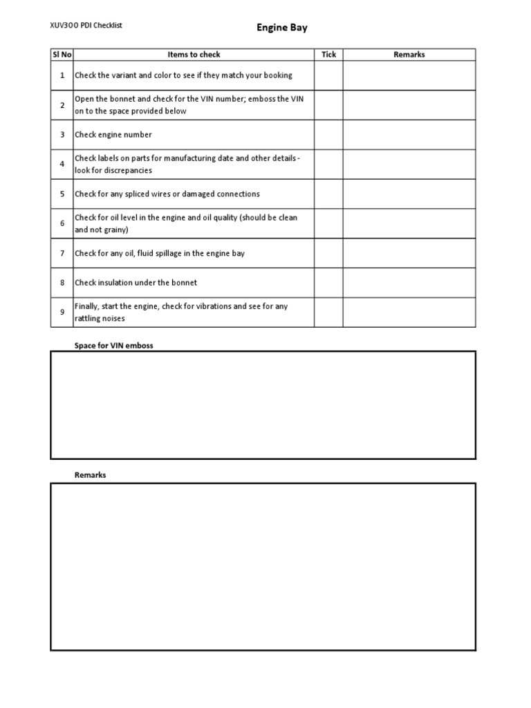 XUV300 PDI Checklist | PDF | Trunk (Car) | Vehicle Technology