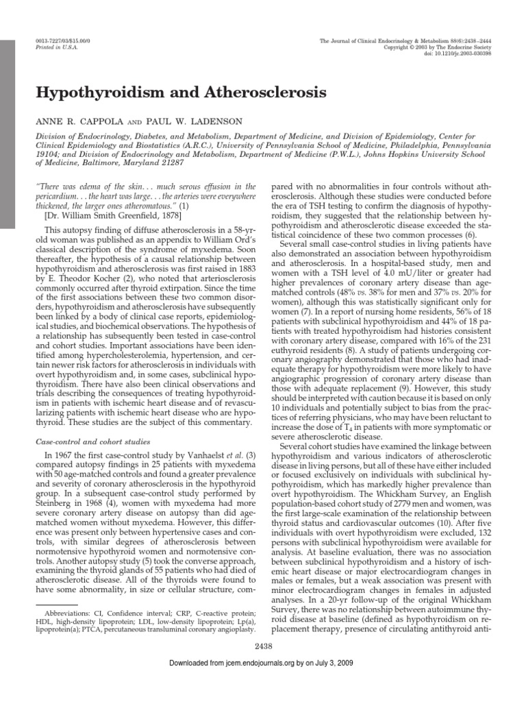 Hypothyroidism and Atherosclerosis: Anne R. Cappola Paul W. Ladenson ...