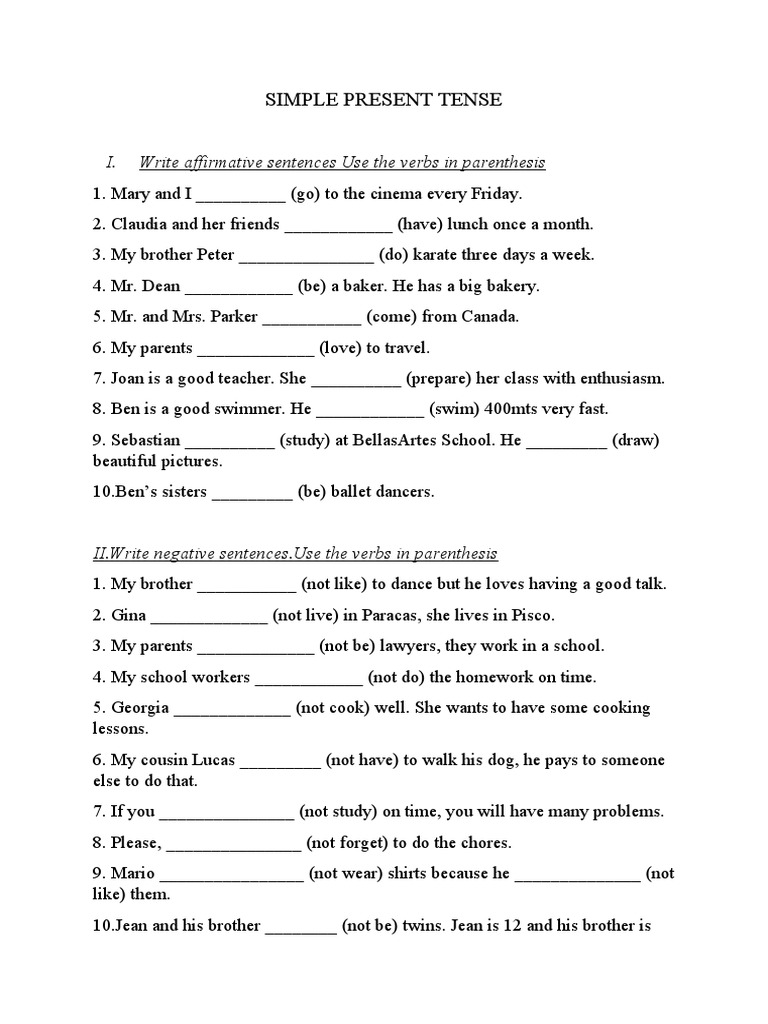 Simple Present Tense: I. Write Affirmative Sentences Use The Verbs in ...