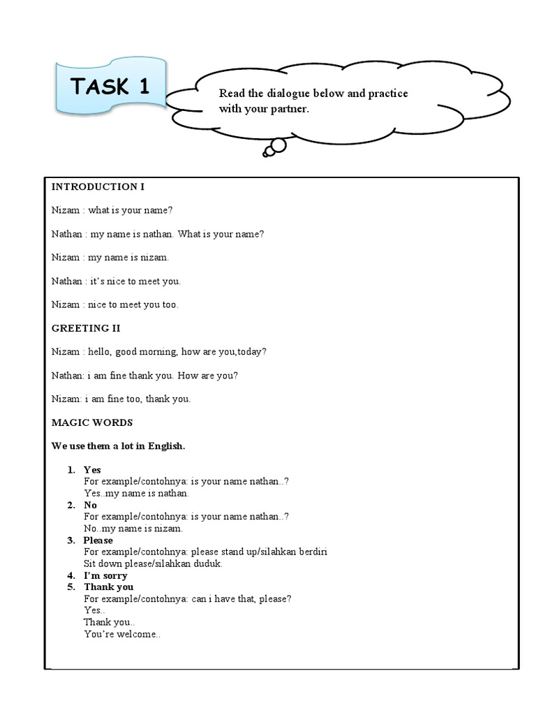 Task 1: Read The Dialogue Below and Practice With Your Partner | PDF ...