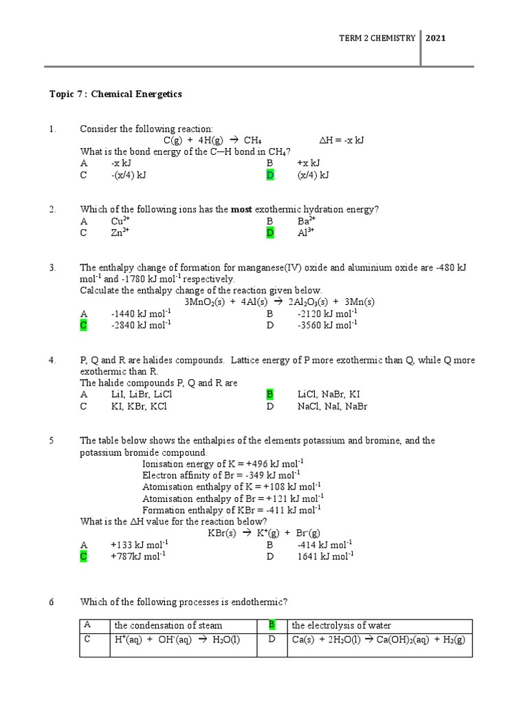 Topic 7 Chemical Energetics - n9 Questions | PDF | Chlorine | Solubility