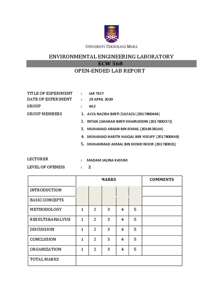 Environmental Engineering Laboratory Open-Ended Lab Report: 2 Marks ...