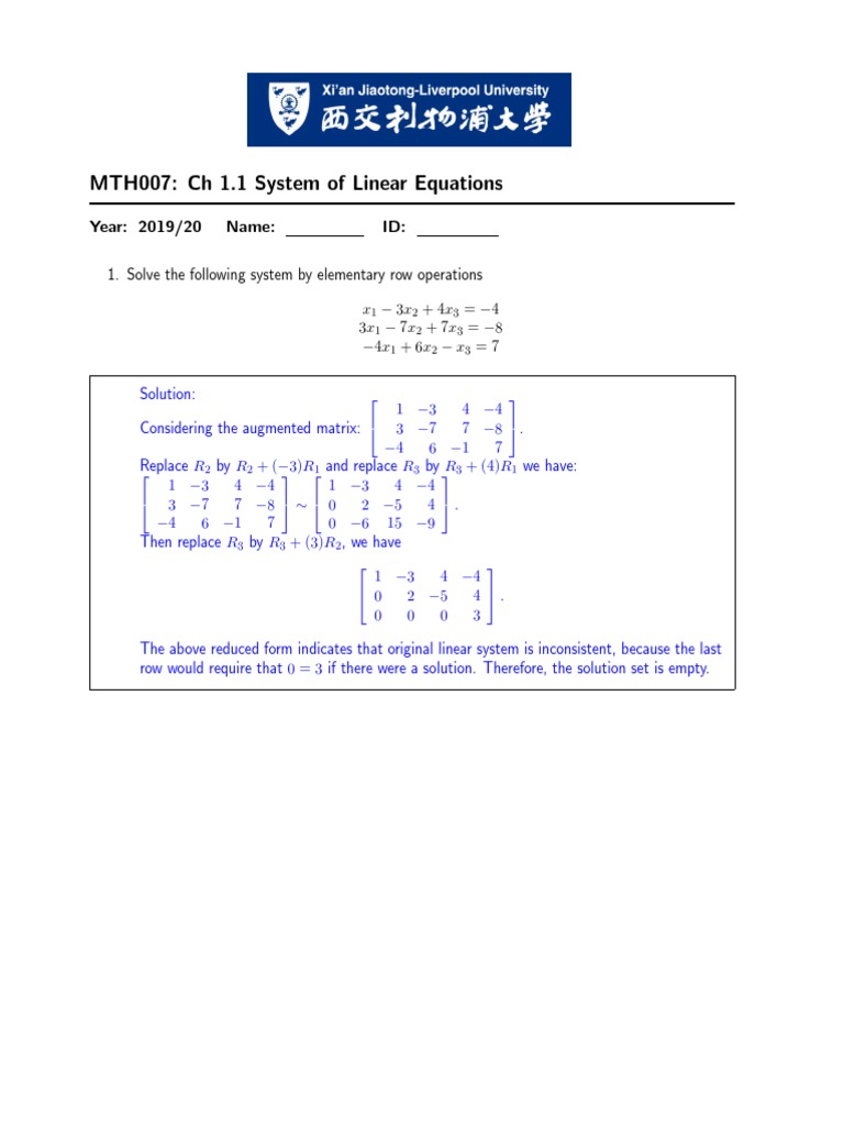 MTH007: CH 1.1 System of Linear Equations: Year: 2019/20 Name: ID | PDF ...