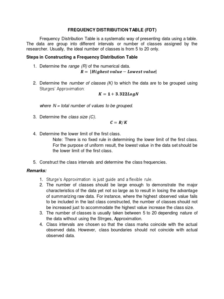 Frequency Distribution Table (FDT) : Where N Total Number of Values To ...
