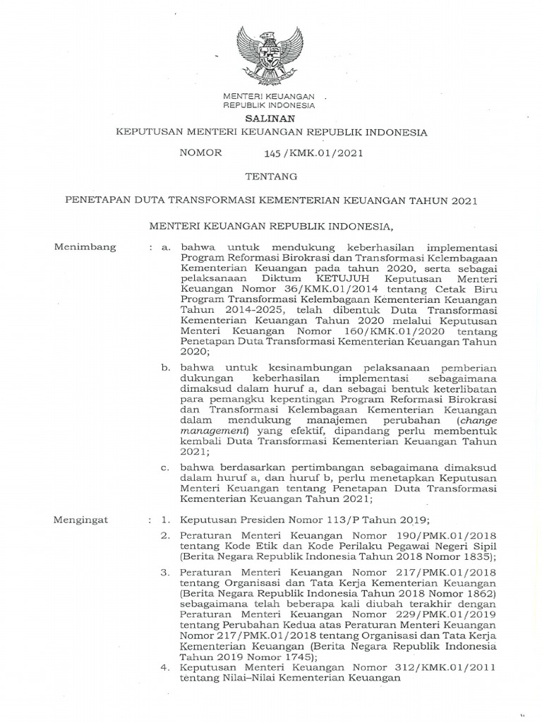 KMK - 145 - 2021-Duta Transformasi Kemenkeu TA 2021 | PDF