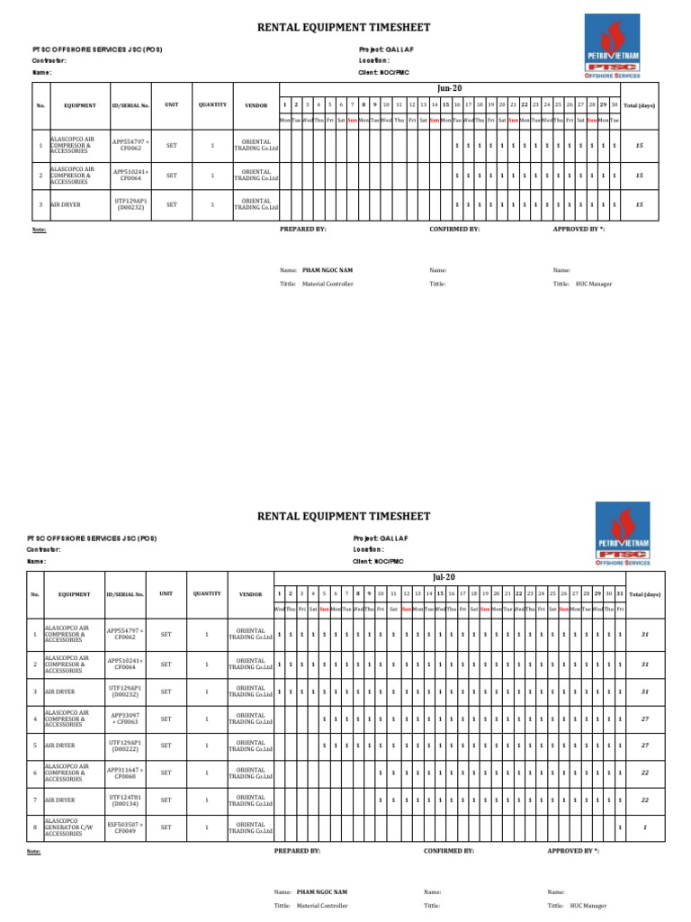 Rental Equipment Timesheet: PTSC Offshore Services JSC (Pos) Project ...