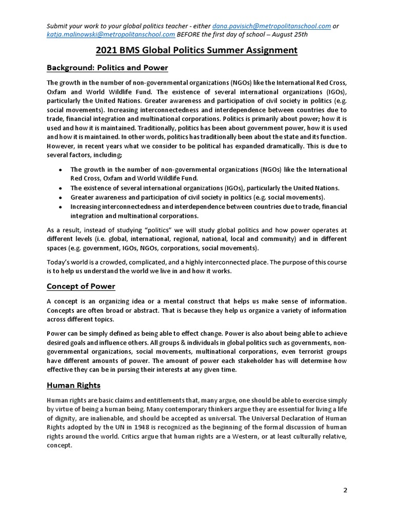 Global Politics Summer Assignment Guide | PDF | Rights | Egalitarianism