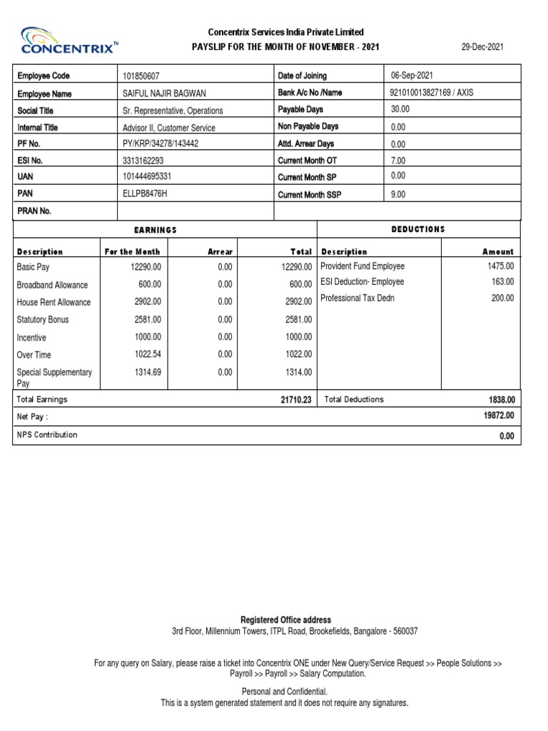 Concentrix Services India Private Limited Payslip For The Month of ...