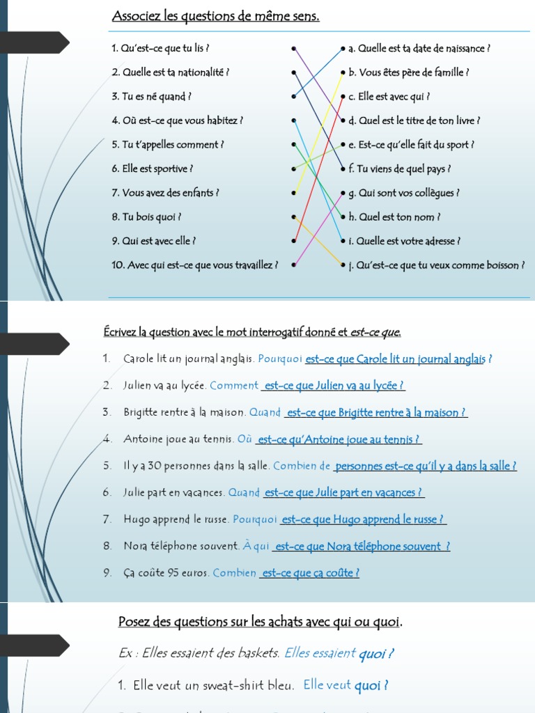 Questions de grammaire A1 en contexte | PDF
