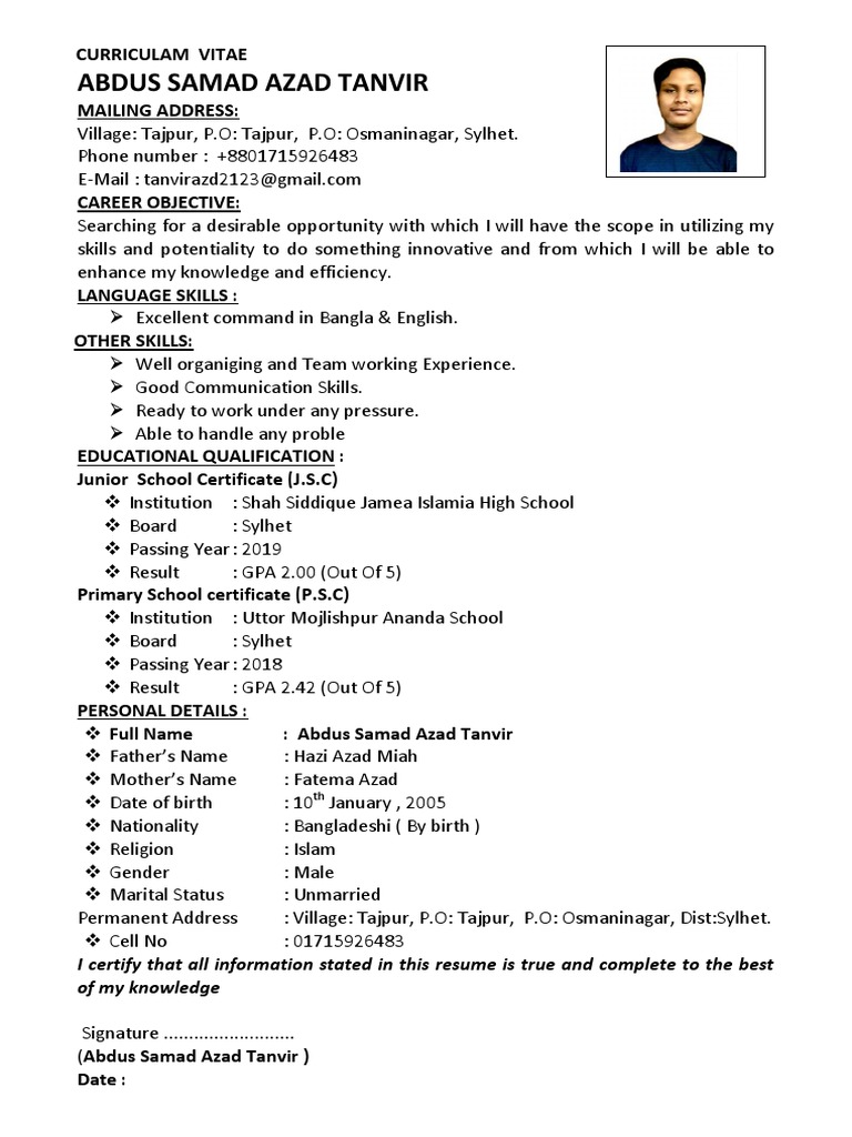Abdus Samad Azad Tanvir: Curriculam Vitae Mailing Address | PDF | Wellness