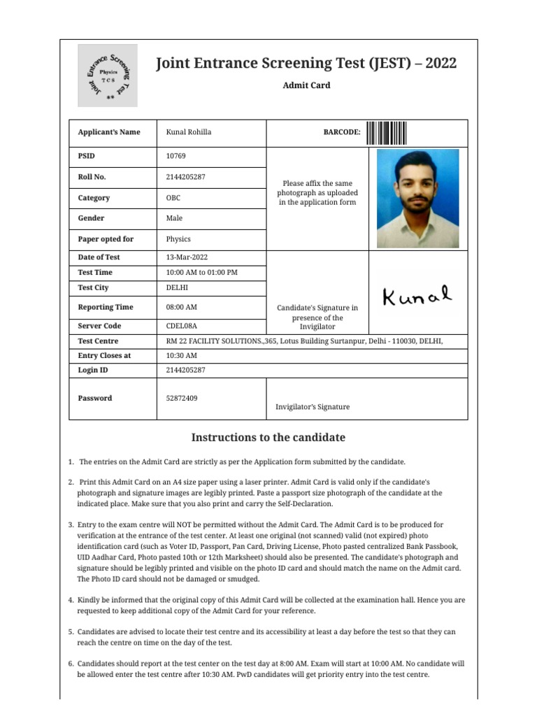 JEST 2022 Admit Card for Kunal Rohilla | PDF | Identity Document | Test ...
