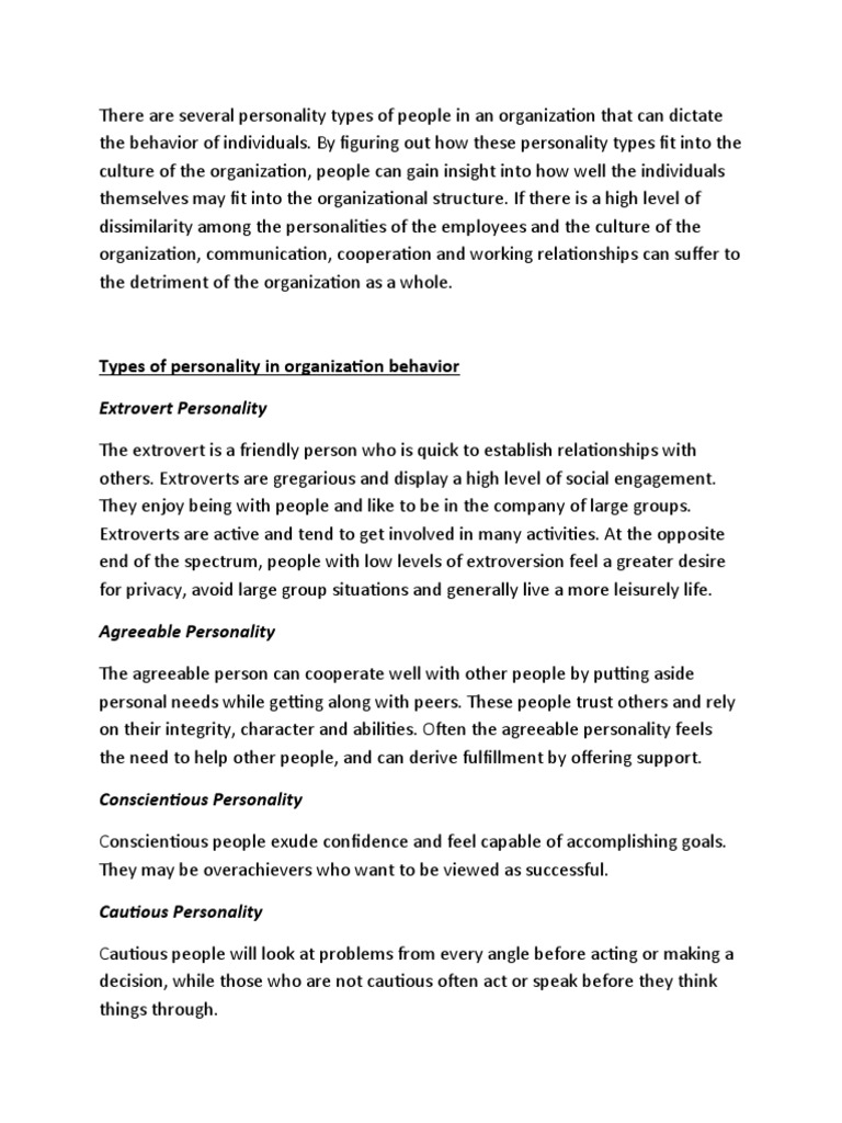 Types of Personality in Organization Behavior | PDF | Career & Growth