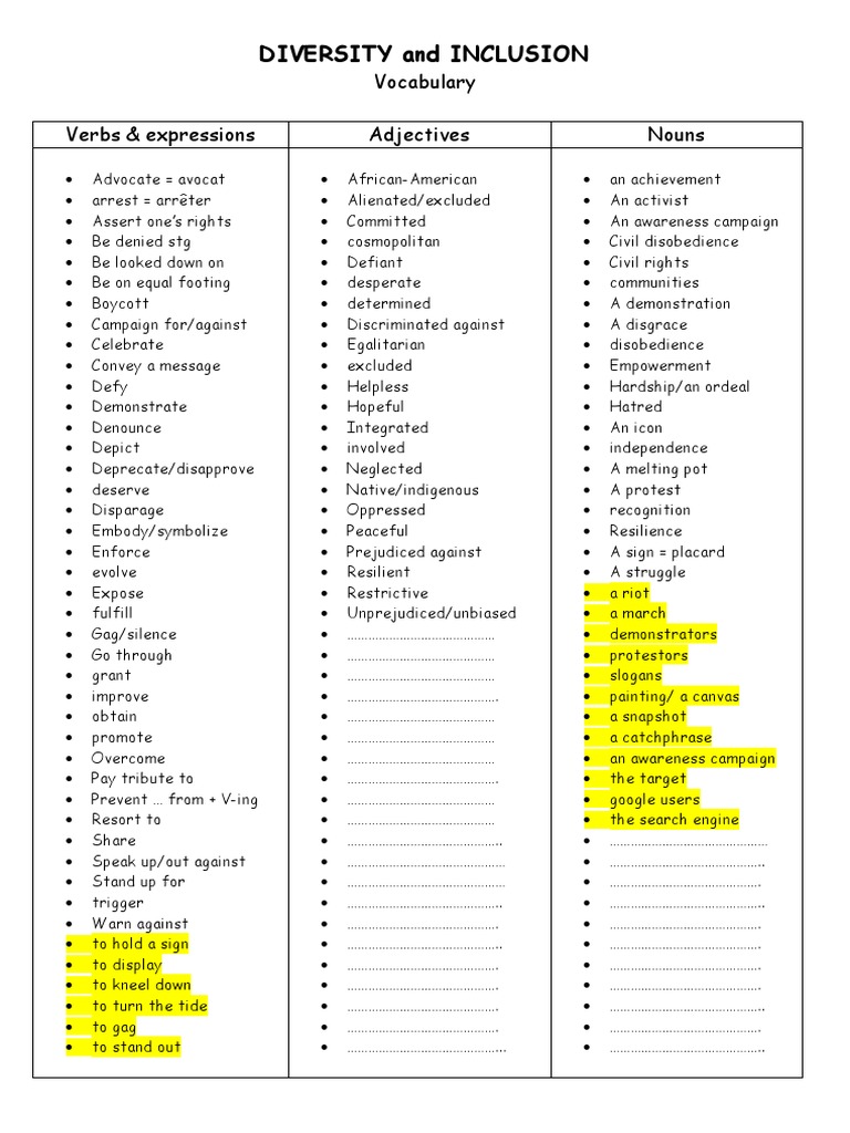 Diversity and Inclusion: Vocabulary Verbs & Expressions Adjectives ...