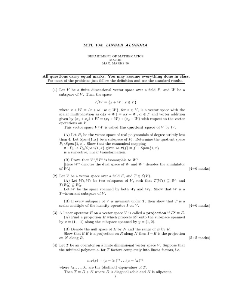 MTL 104: Linear Algebra: Department of Mathematics Major Max. Marks 50 ...
