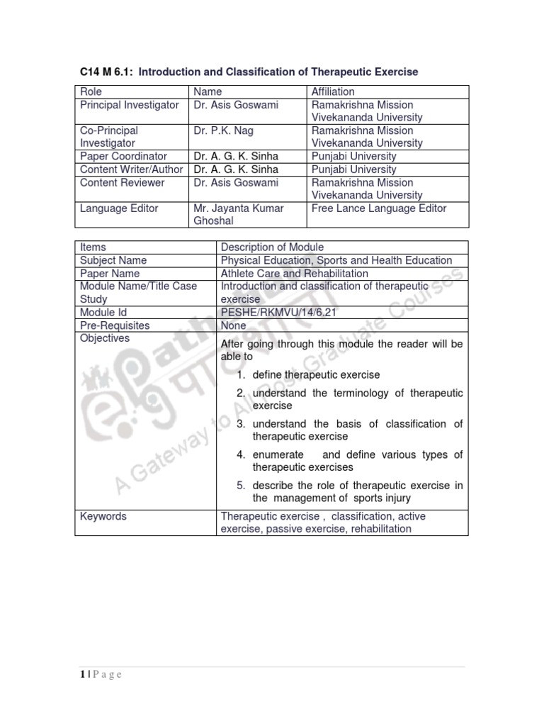 Introduction and Classification of Therapeutic Exercise | PDF
