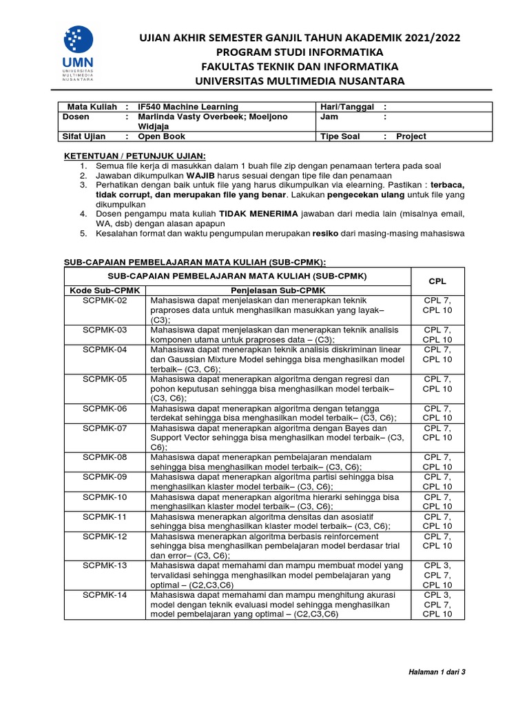 Takehome-Soal UAS IF540 Machine Learning - TA2111 | PDF