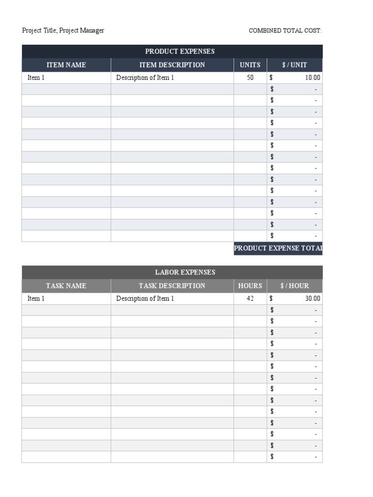 Product Expenses Item Name Item Description Units $ / Unit: Combined ...