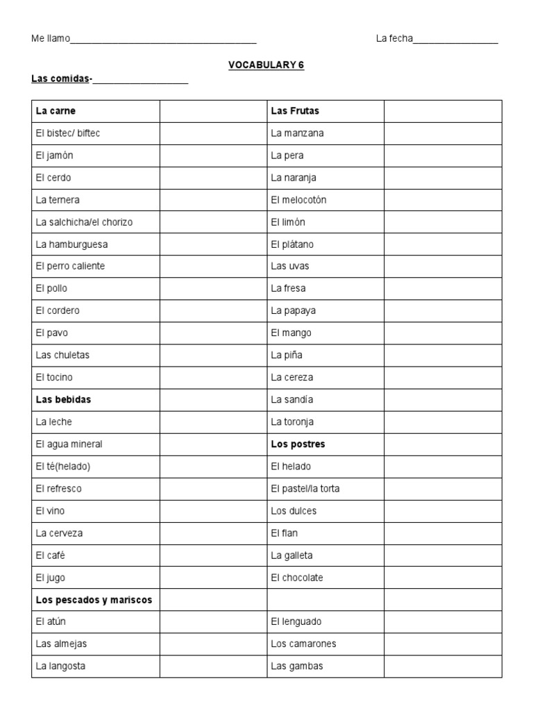 Vocabulary 6 Las Comidas | PDF | Cocina | Comida regional y étnica
