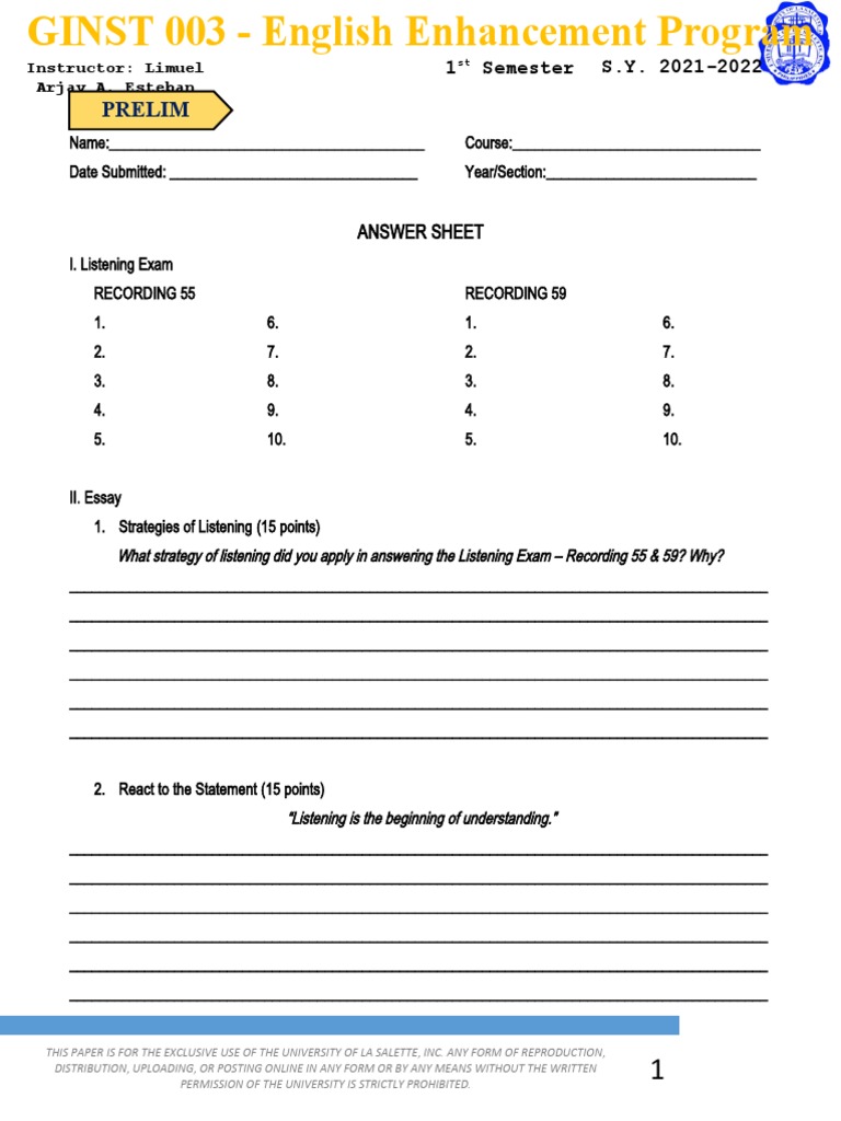 Answer Sheet - Prelim Exam | PDF