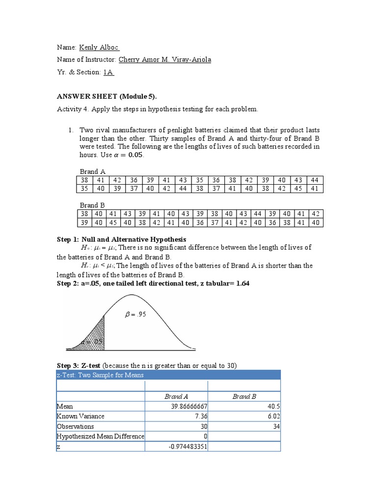 ANSWER SHEET (Module 5) .: Z-Test: Two Sample For Means | PDF | Student ...
