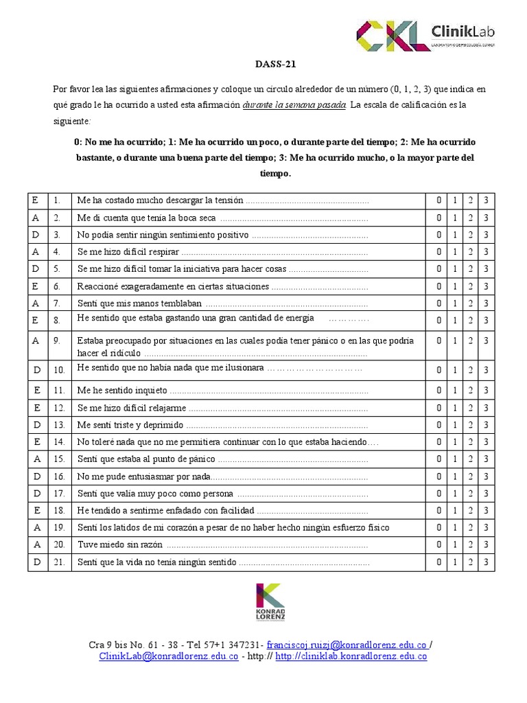 Test Ansiedad y Depresion DASS - 21 | PDF | Ansiedad | Depresión ...