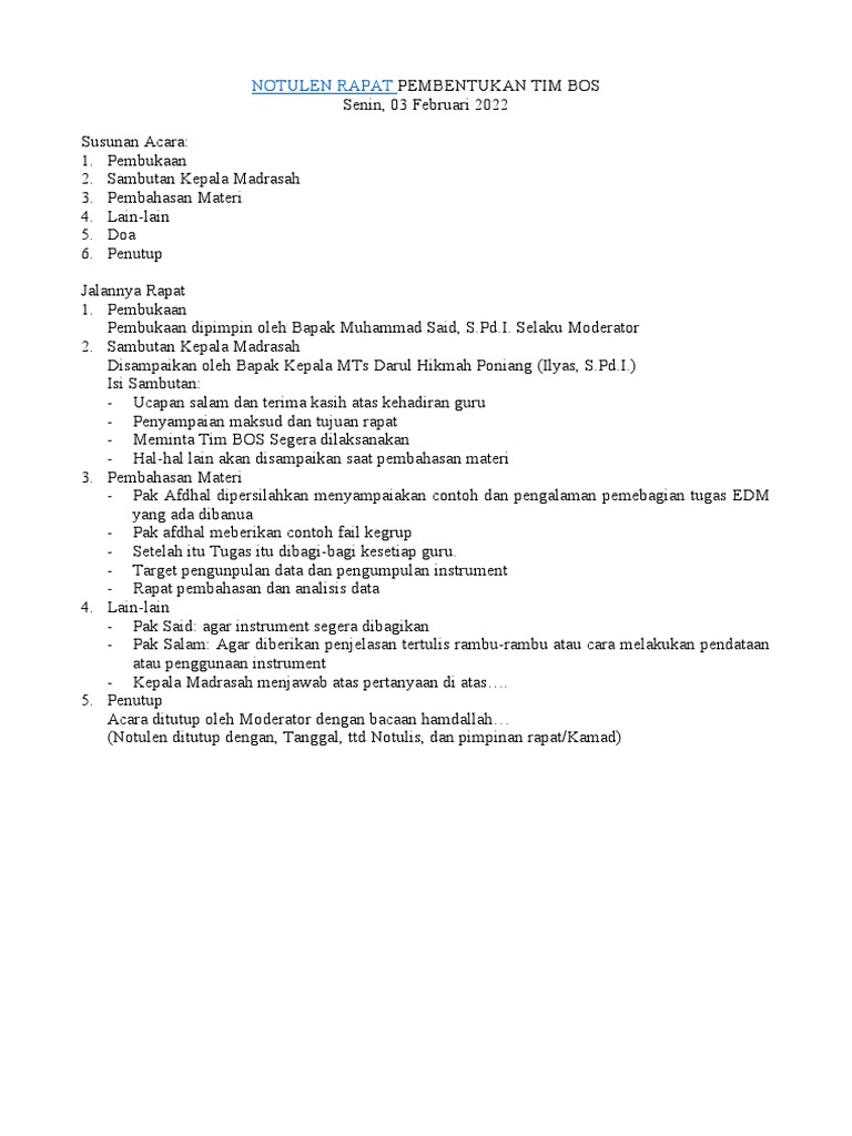 A.9 Resume Hasil Pertemuan Rapat PEMB. TIM BOS | PDF