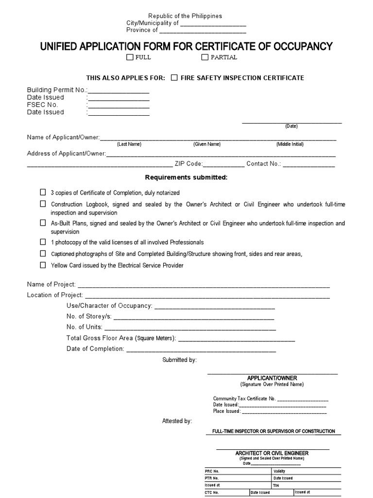 Unified Application for Occupancy Certificate | PDF
