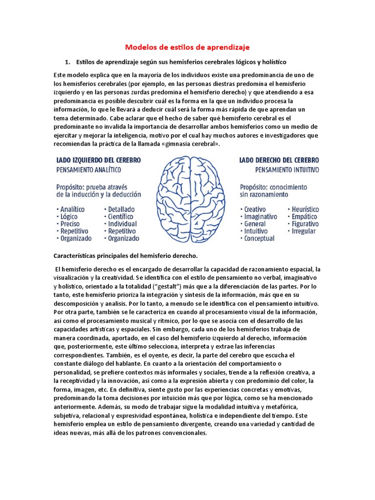 Modelos de Estilos de Aprendizaje | PDF | Aprendizaje | Hemisferio cerebral