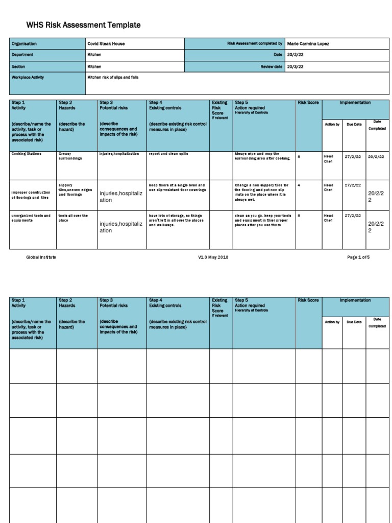 WHS Risk Assessment Template: Injuries, Hospitaliz Ation 20/2/2 2 | PDF ...