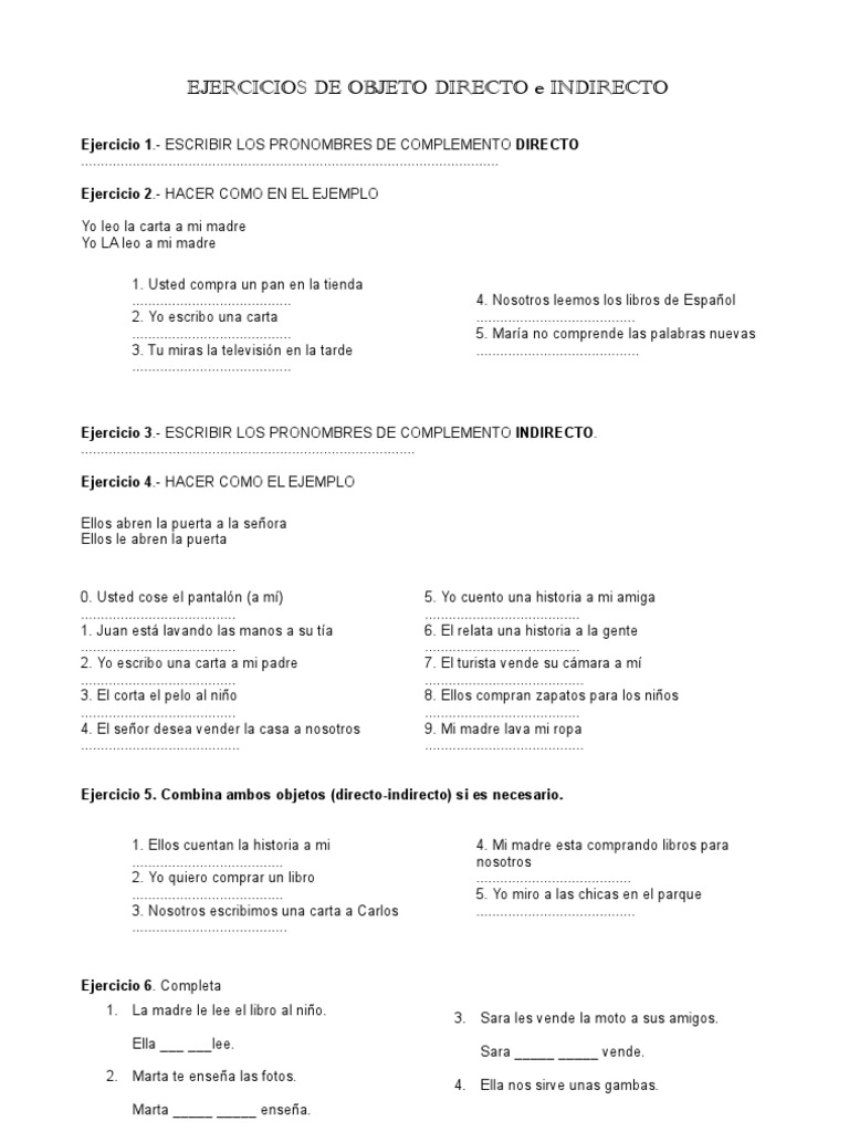 Ejercicios de Objeto Directo e Indirecto