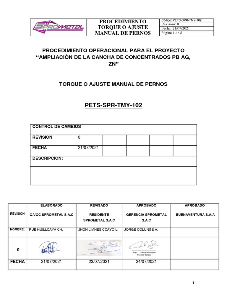 Pets SPR Tmy 102 - Procedimiento Torque de Pernos | PDF | Ingeniería mecánica | Herramientas