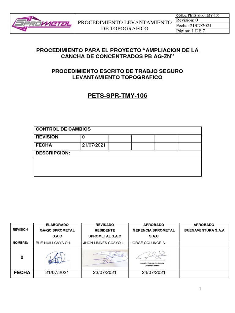 Pets SPR Tmy 106 - Procedimiento de Levantamiento Topografico | PDF