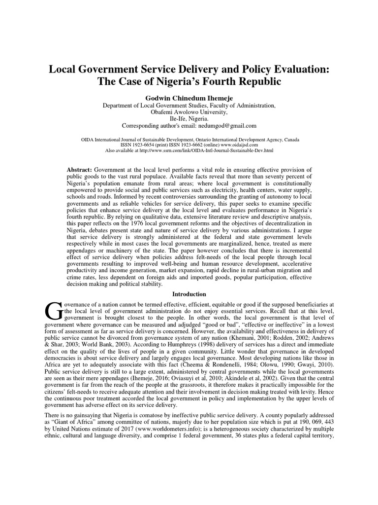 Local Government Service Delivery and Policy Evaluation: The Case of ...