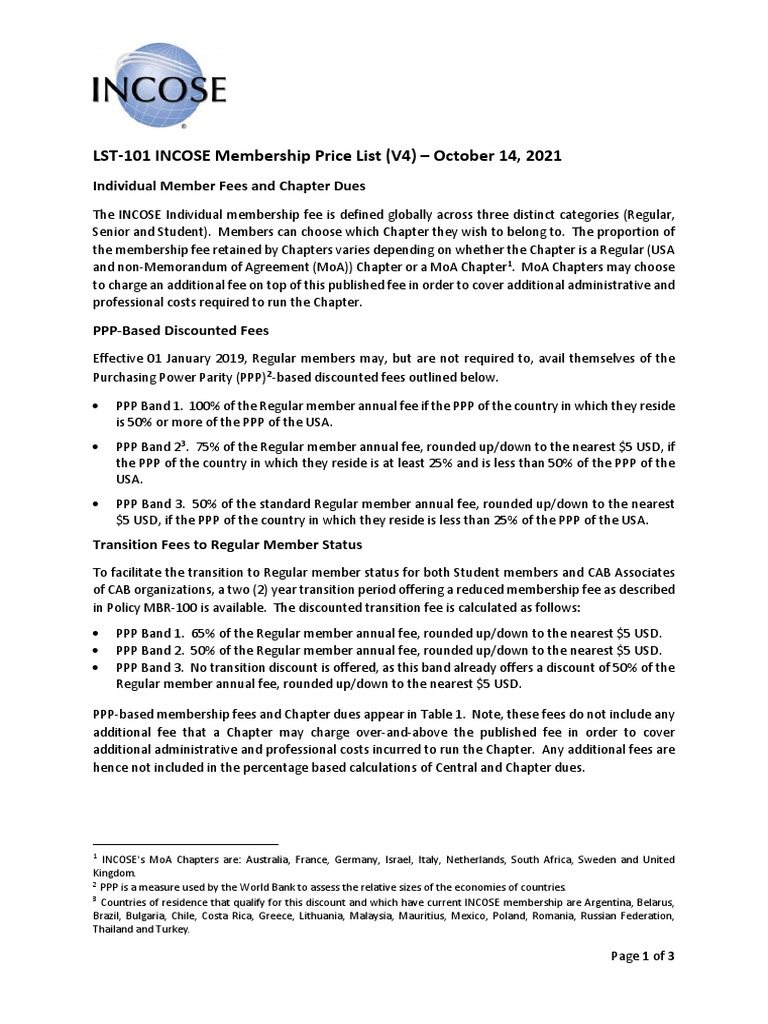 INCOSE Membership Fee Structure | PDF | Purchasing Power Parity | Fee