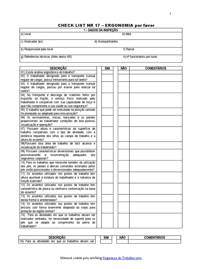 Check List NR 17 Segurança Do Trabalho NWN 00 | PDF