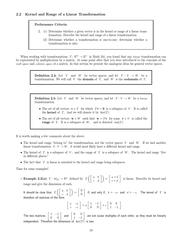 2.2 Kernel and Range of A Linear Transformation | PDF | Linear Map | Linear Subspace