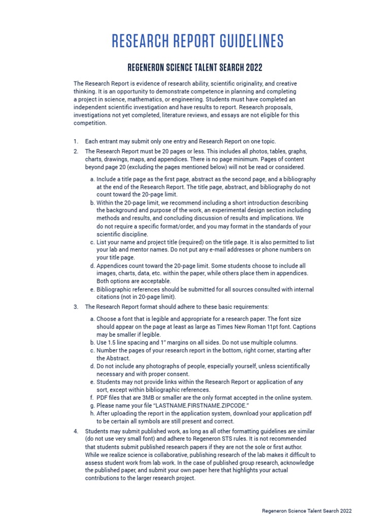 Research Report Guidelines: Regeneron Science Talent Search 2022 | PDF ...