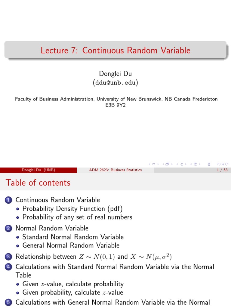 Lecture 7: Continuous Random Variable: Donglei Du (Ddu@unb - Edu) | Download Free PDF | Normal ...