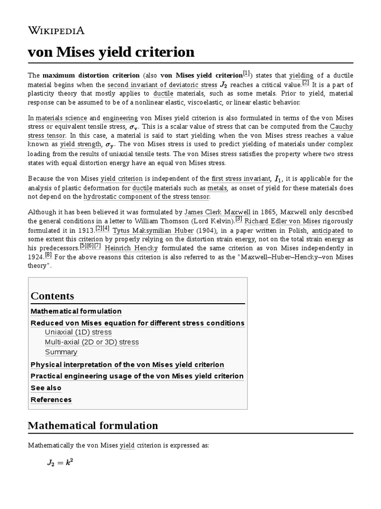 Von Mises Yield Criterion | PDF | Stress (Mechanics) | Mechanics