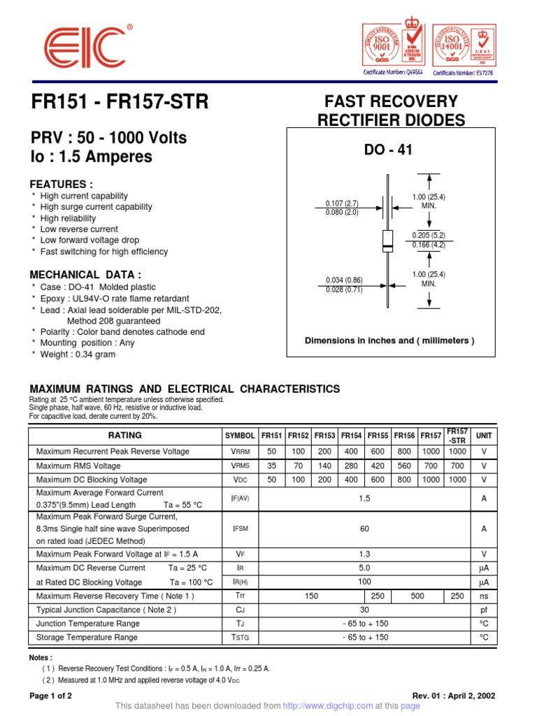 FR151 - FR157-STR: Fast Recovery Rectifier Diodes PRV: 50 - 1000 Volts ...