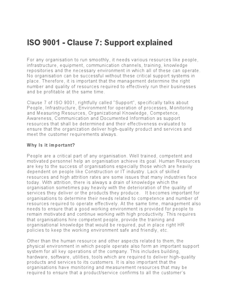 ISO 9001 Clause 7: Support Overview | PDF | Recruitment | Quality ...